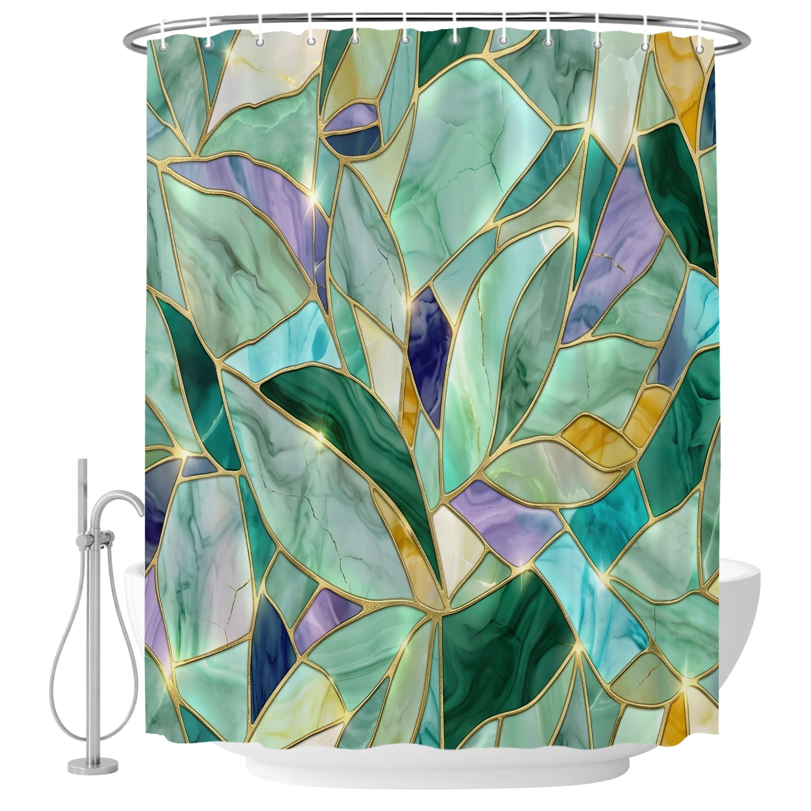 Abstract Leaf Shower Curtain for Bathroom, Crystals Gold Veins Luxury ...