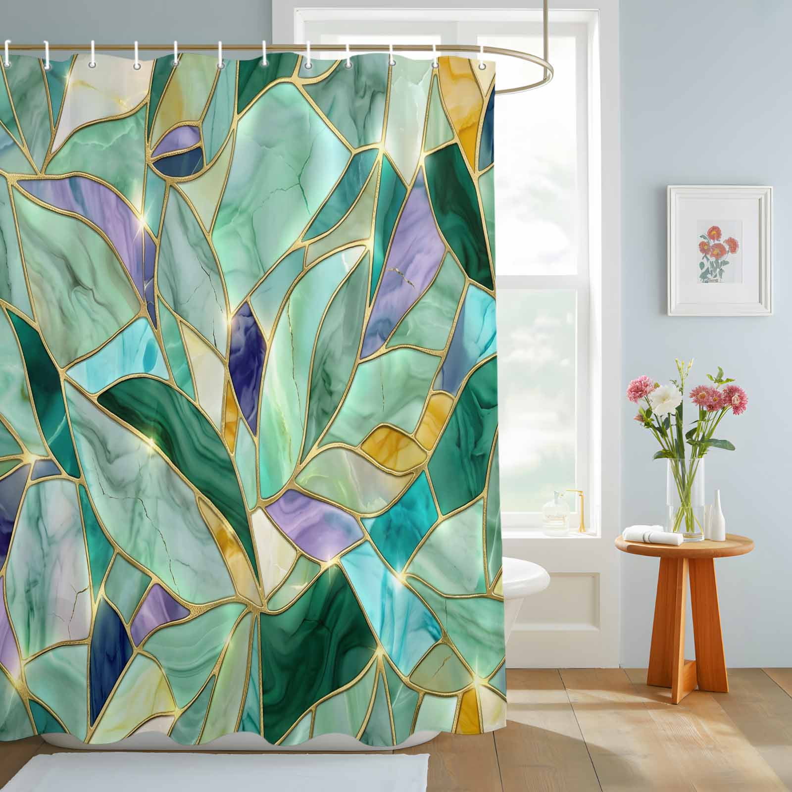 Abstract Leaf Shower Curtain, Crystals Gold Veins Luxury Waterproof ...