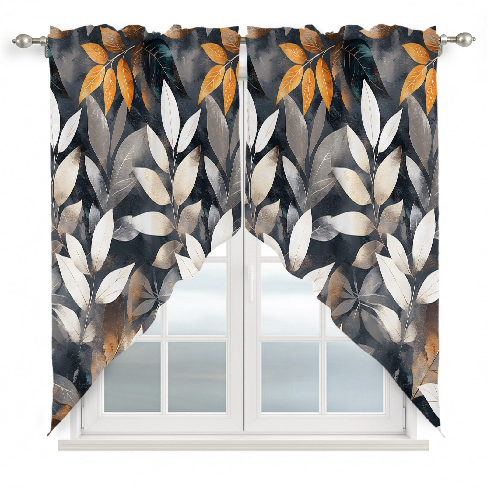 Abstract Leaf Swag Curtain Valance for Window 2 Panels Silhouette Gold ...