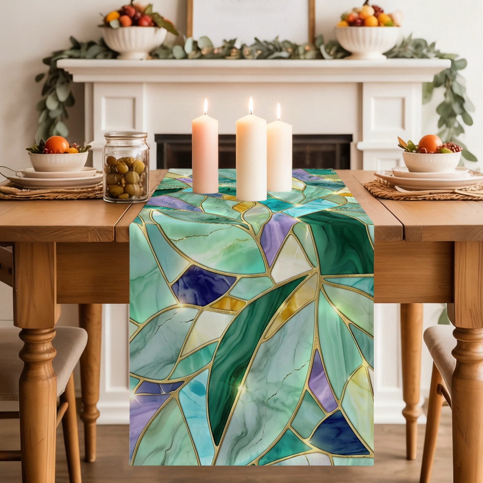 Abstract Leaf Table Runner 13x48 Inch Crystals Gold Veins Luxury Cotton ...