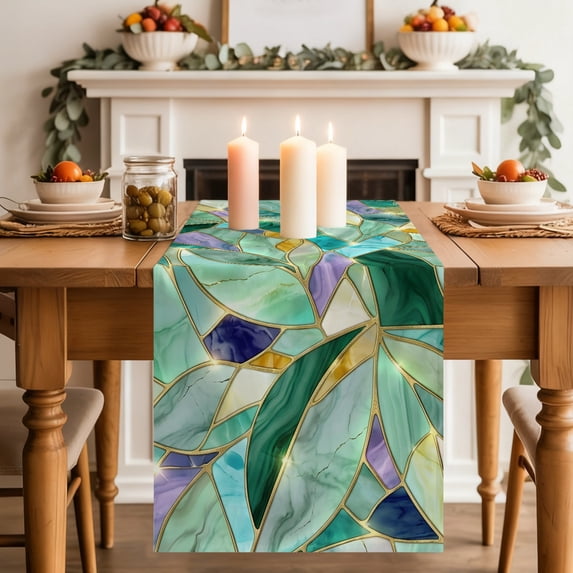 Abstract Leaf Table Runner 13x48 Inch Crystals Gold Veins Luxury Cotton ...