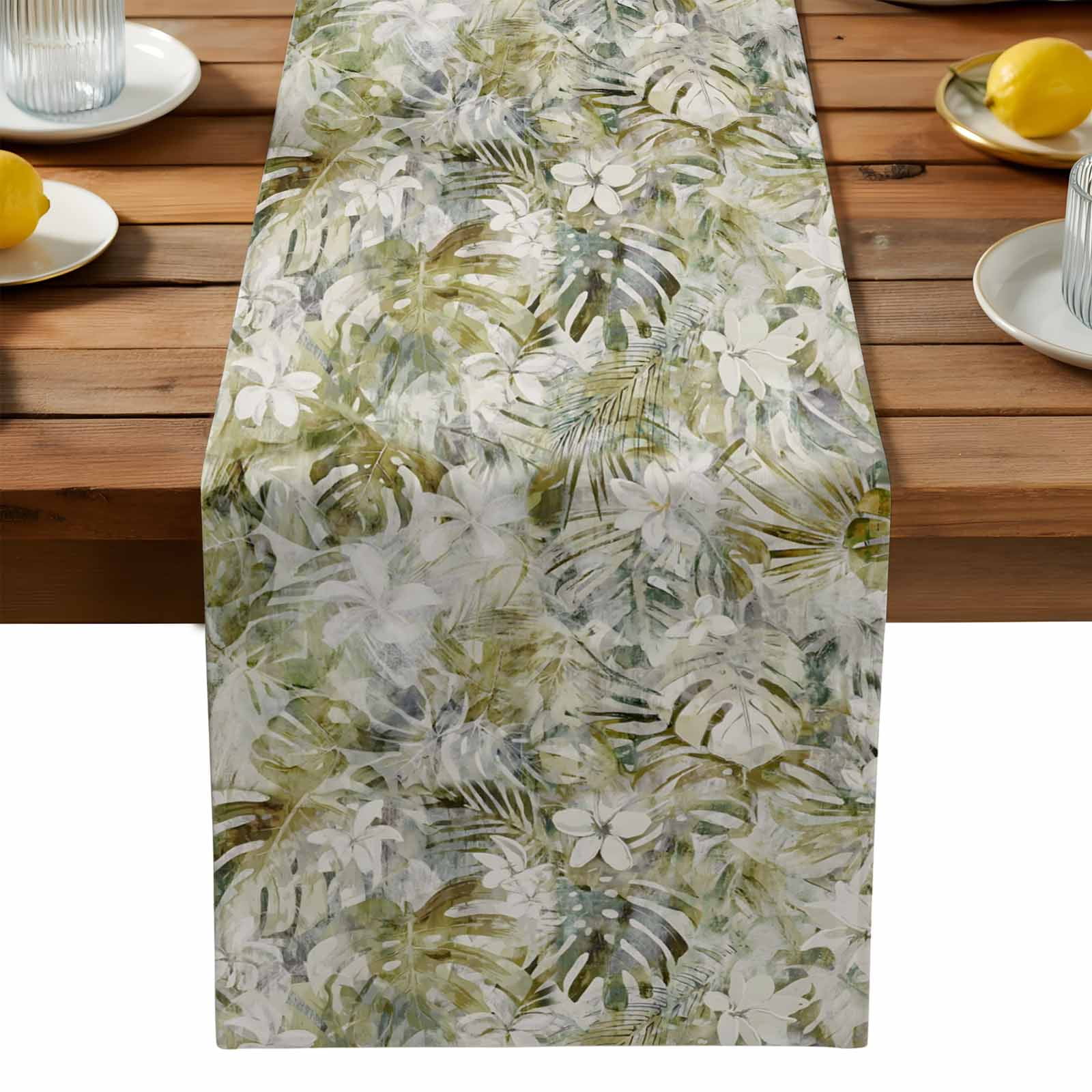 Abstract Leaf Table Runner, Spring Vintage Tropical Palm Leaves White ...