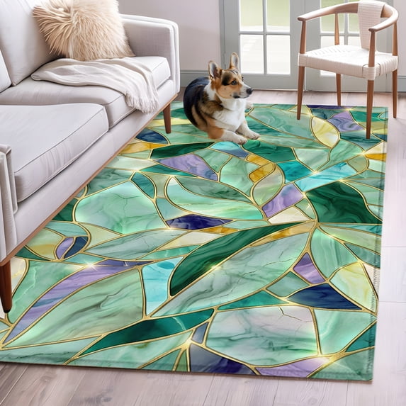 Abstract Leaf Washable Area Rug 3x5 Crystals Gold Veins Luxury Low ...