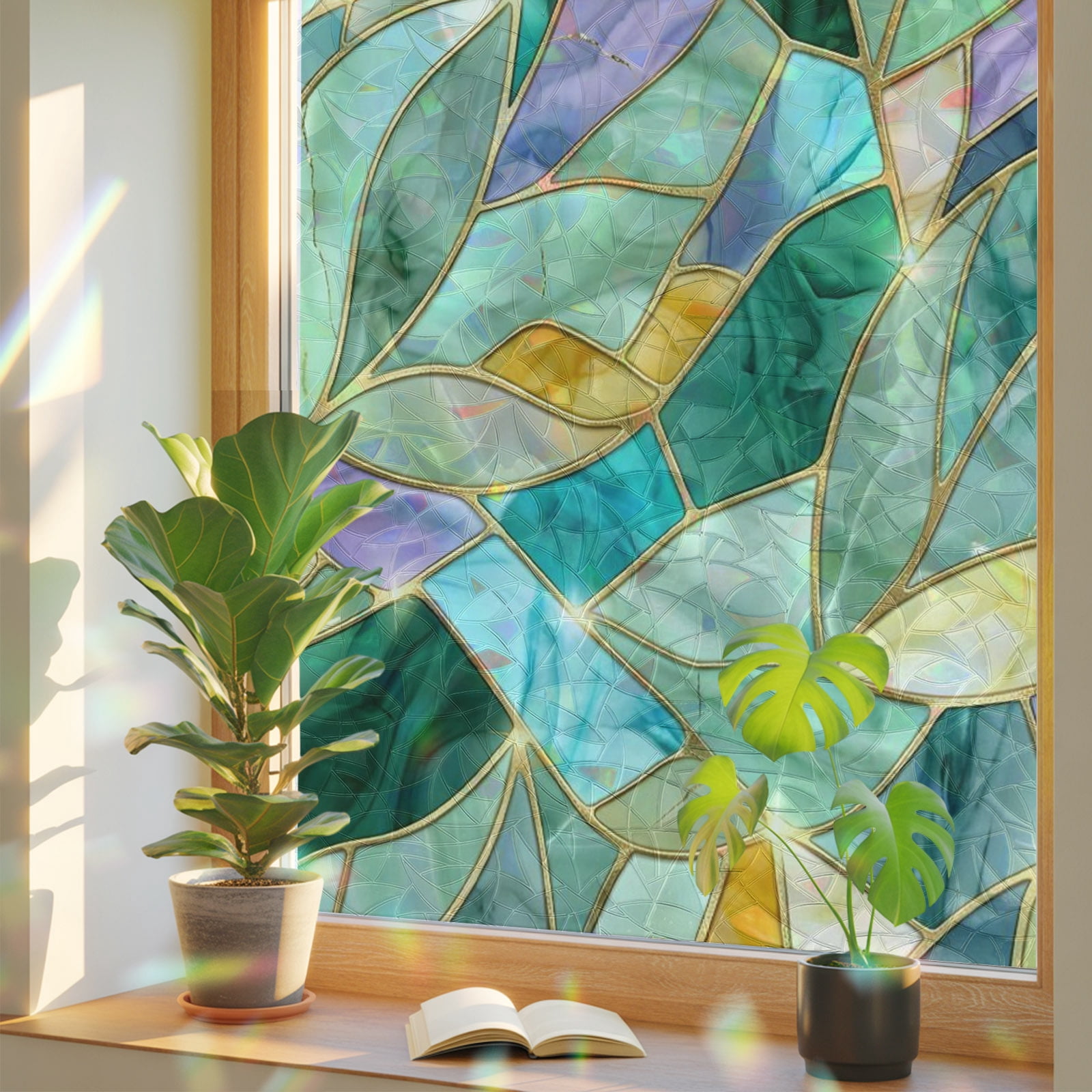 Abstract Leaf Window Privacy Film, Crystals Gold Veins Luxury Stained ...