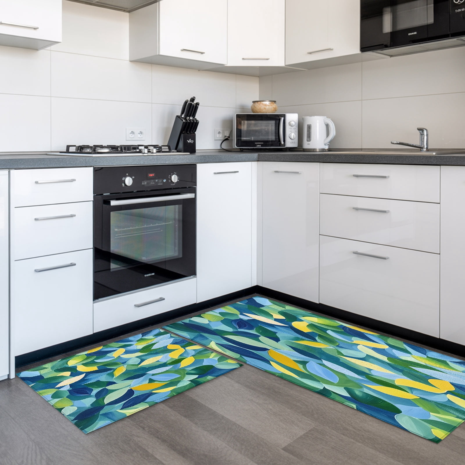 Abstract Leaves 2 Pieces Non-Slip Kitchen Mat Set, Watercolor Yellow ...