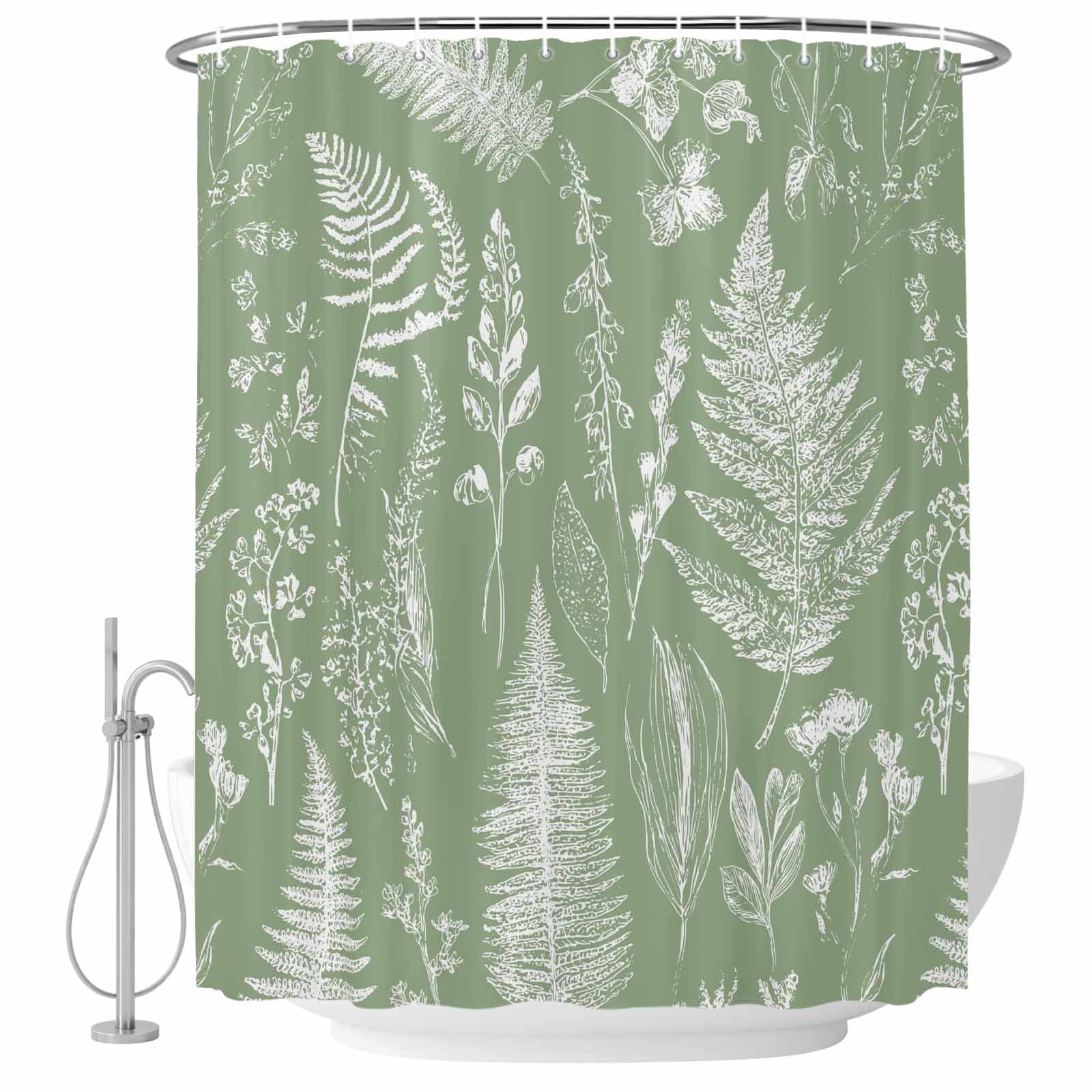 Abstract Leaves Bathroom Shower Curtains with Hooks, Sage Green ...