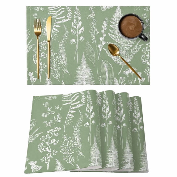 Abstract Leaves Cotton Linen Placemats Set of 2, Sage Green Background ...