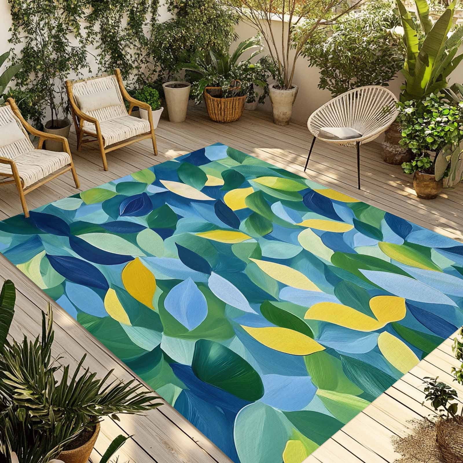 Abstract Leaves Outdoor Rug, Watercolor Yellow Green Non-Slip Area Rugs ...