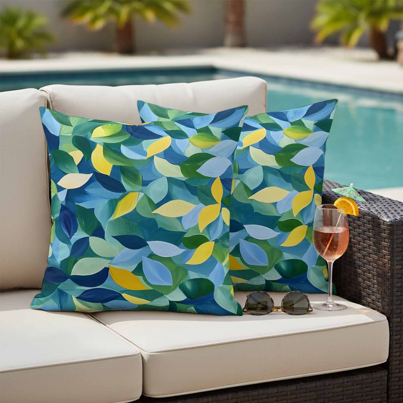 Abstract Leaves Outdoor Throw Pillow Covers Set of 2, Watercolor Yellow ...