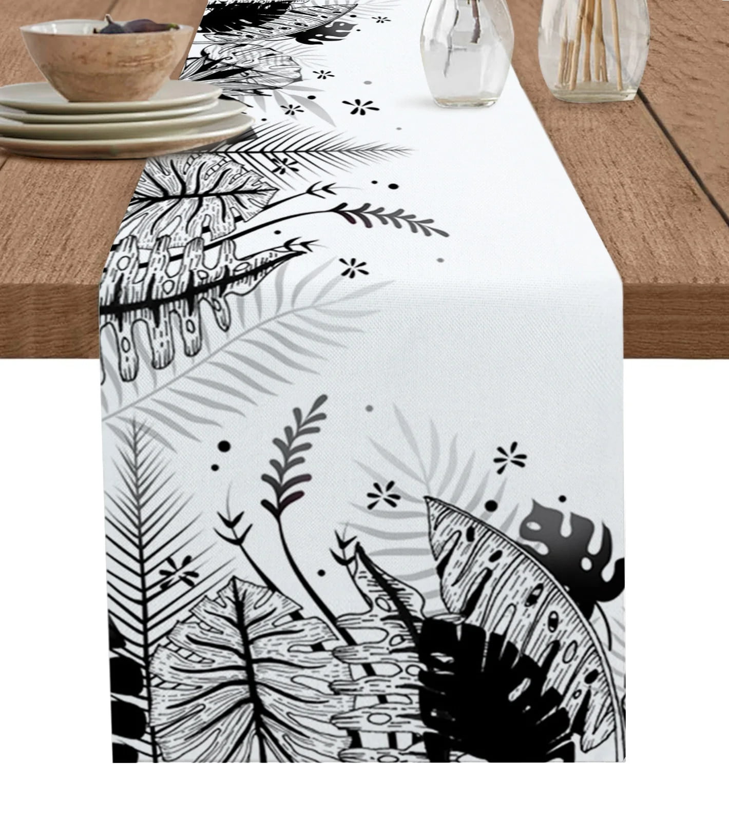 Abstract Leaves Plant Black And White Table Runner Cotton Linen Wedding ...