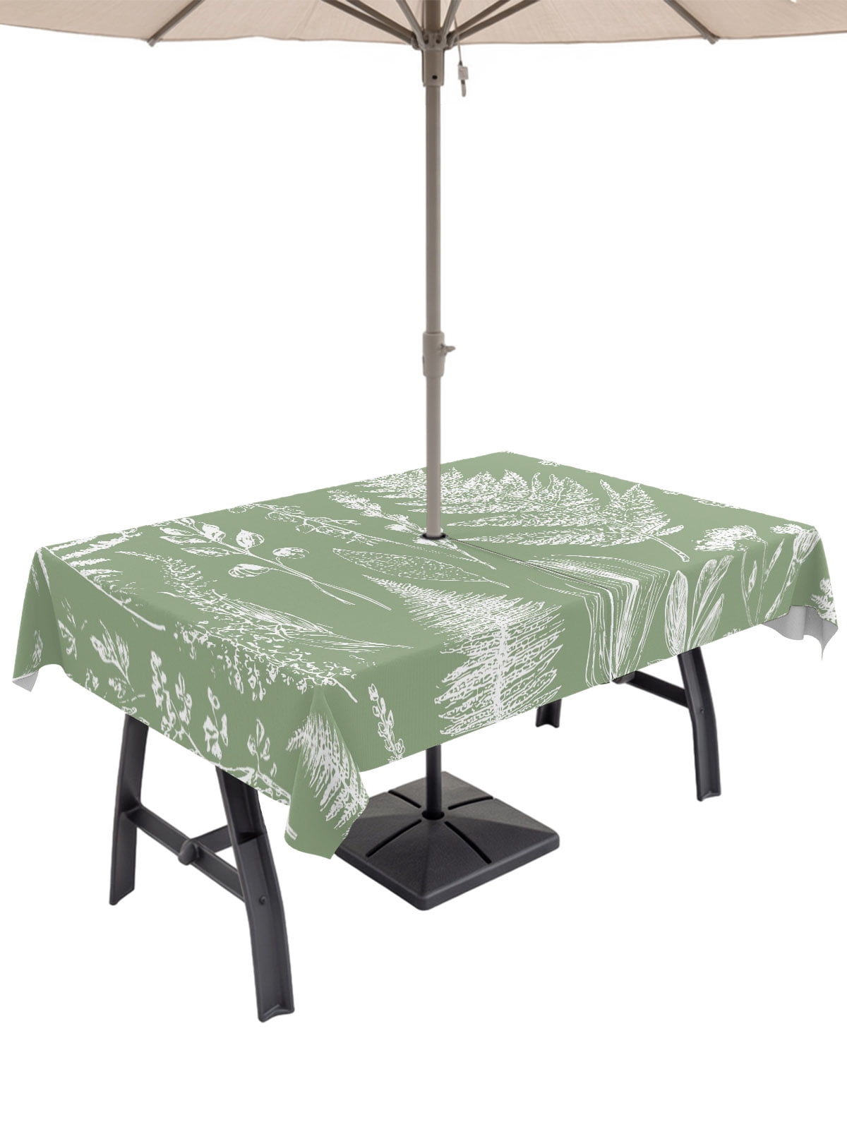 Abstract Leaves Rectangle Outdoor Tablecloth with Umbrella Hole Sage ...