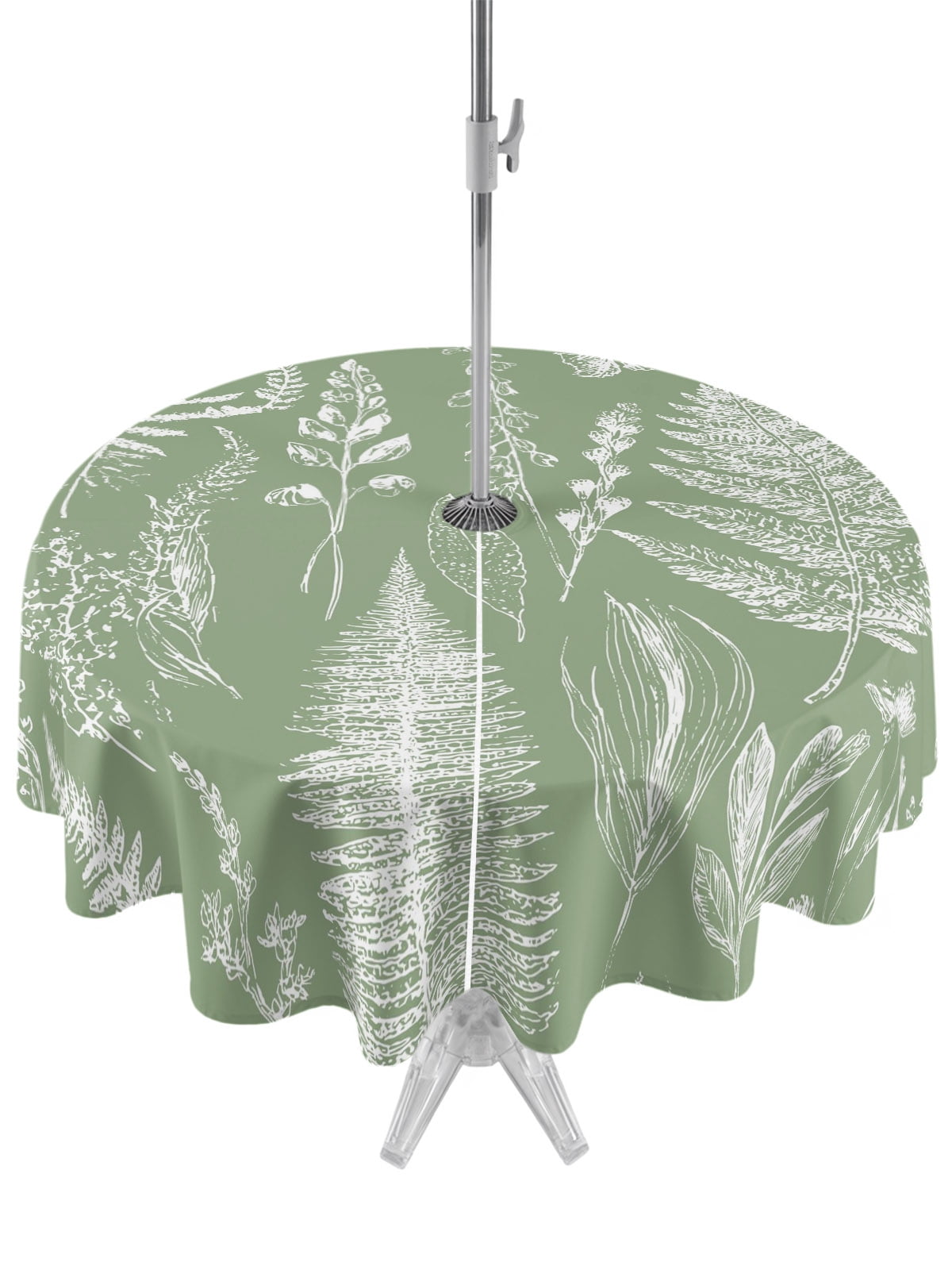 Abstract Leaves Round Outdoor Tablecloth with Umbrella Hole Sage Green ...
