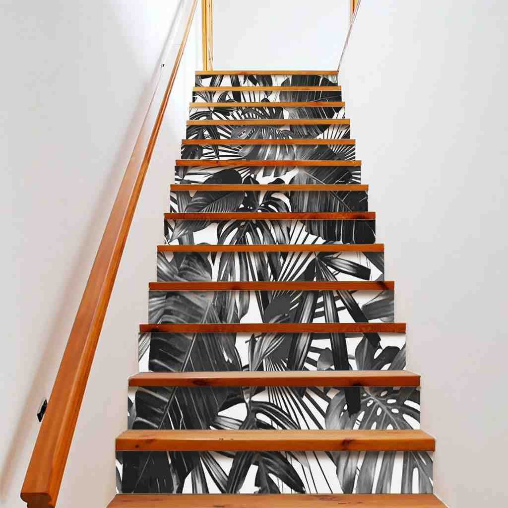 Abstract Leaves Stair Stickers Green Palm Leaf Self-Adhesive Staircase ...
