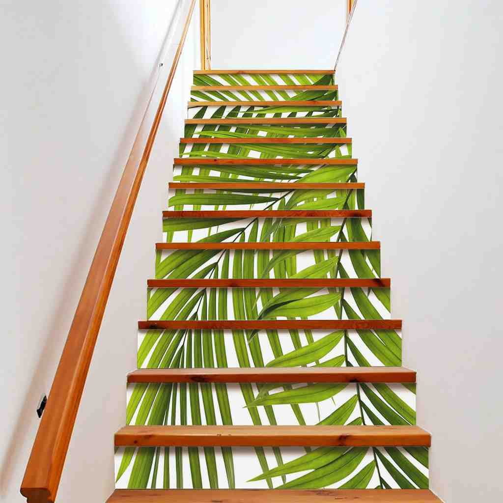 Abstract Leaves Stair Stickers Green Palm Leaf Self-Adhesive Staircase ...