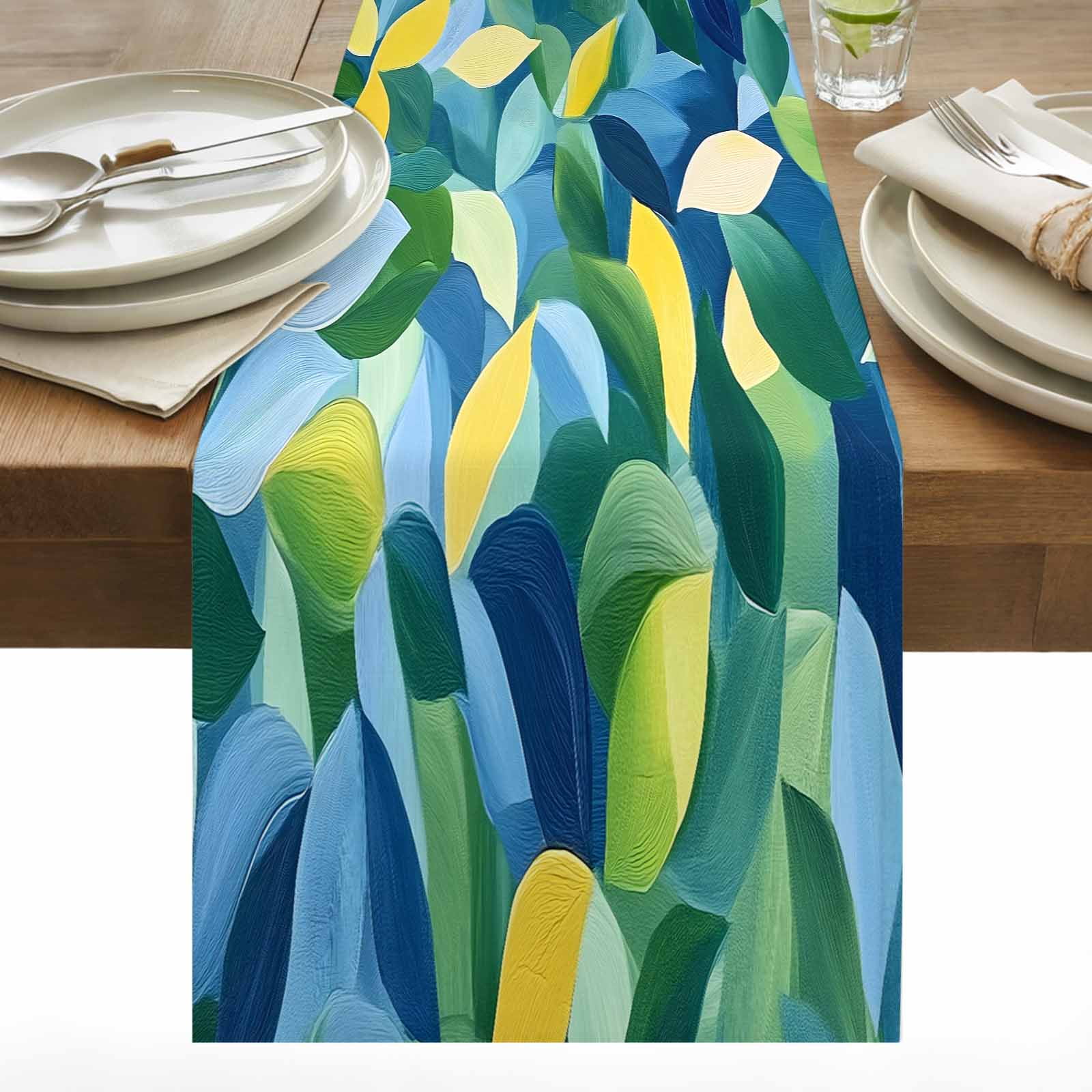 Abstract Leaves Table Runner 13x108 inch Watercolor Yellow Green Cotton ...