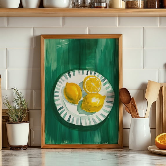 Abstract Lemons Kitchen Print Minimalist Dark Green Wall Art Home Decor ...