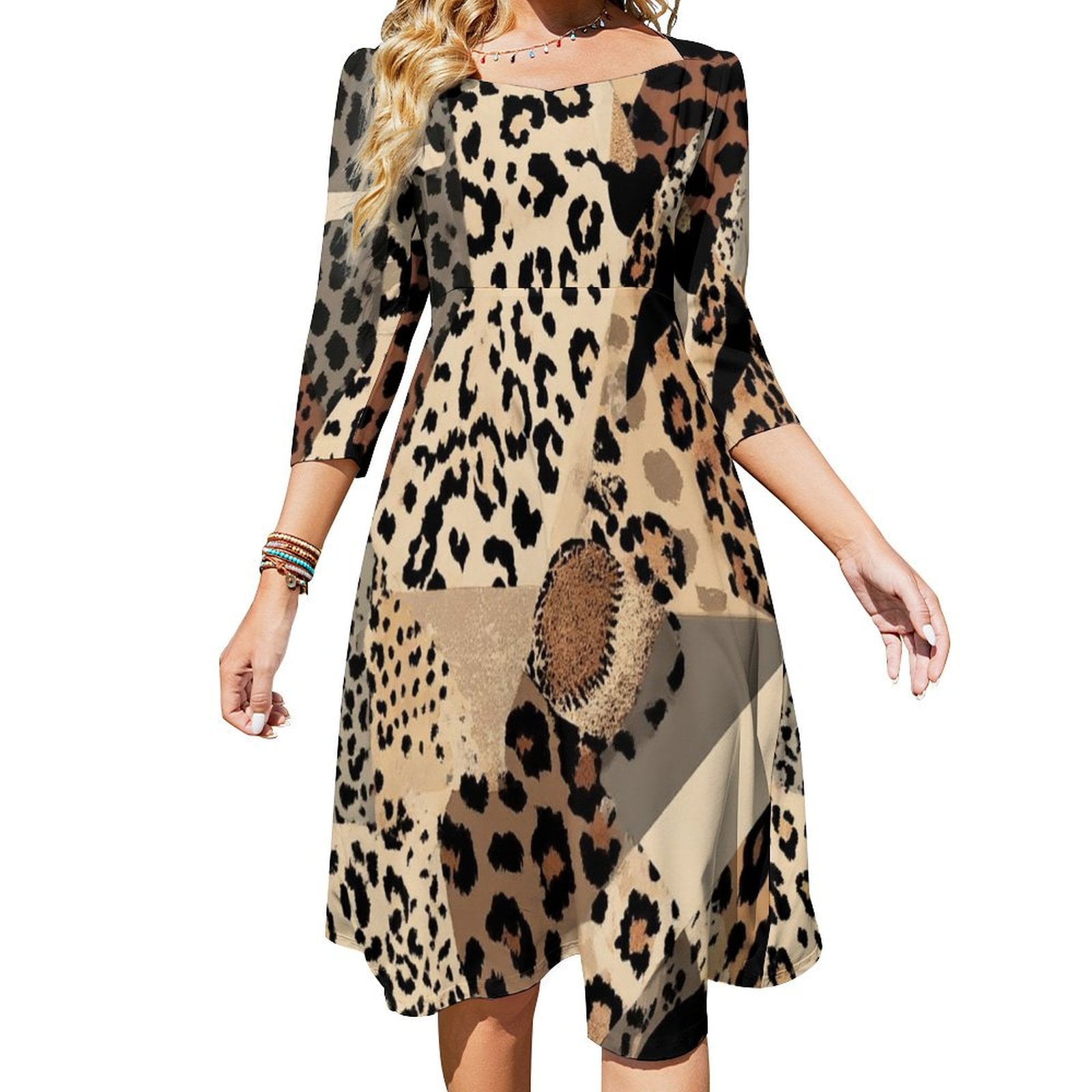Abstract Leopard Print Collage Pattern Women's Fall Dresses Casual ...