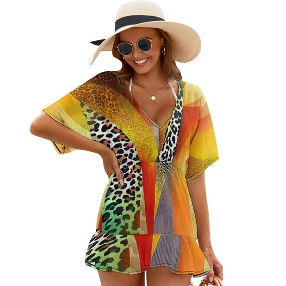 Abstract Leopard Print Design Beach Cover Ups Women V Neck Short Sleeve ...