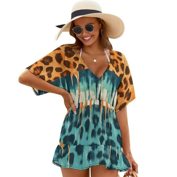 Abstract Leopard Print Drip Beach Cover Ups Women V Neck Short Sleeve ...