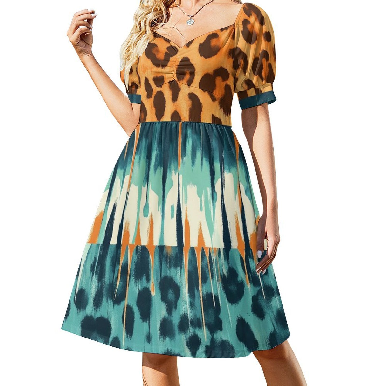 Abstract Leopard Print Drip Short Sleeve Dress Clothes Women's Summer ...