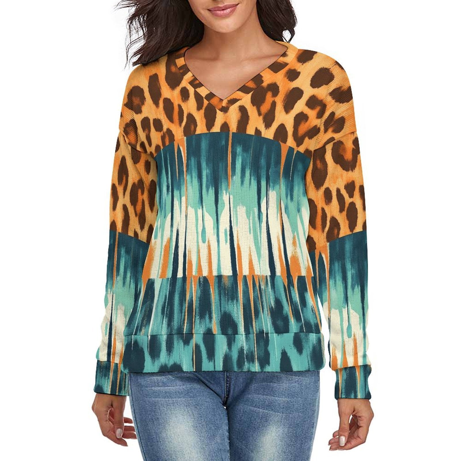 Abstract Leopard Print Drip V-neck Sweater Winter Clothes Long Sleeve ...