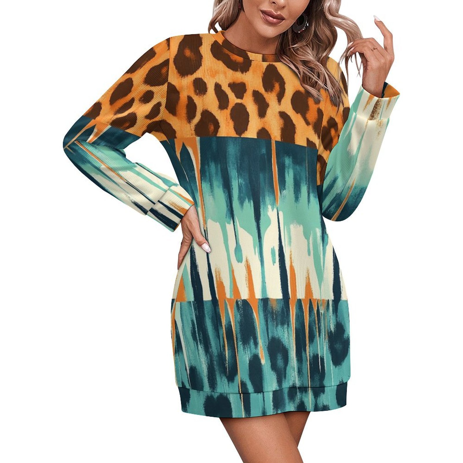 Abstract Leopard Print Drip Women Elegant Long Sleeve Warm Dress Autumn ...