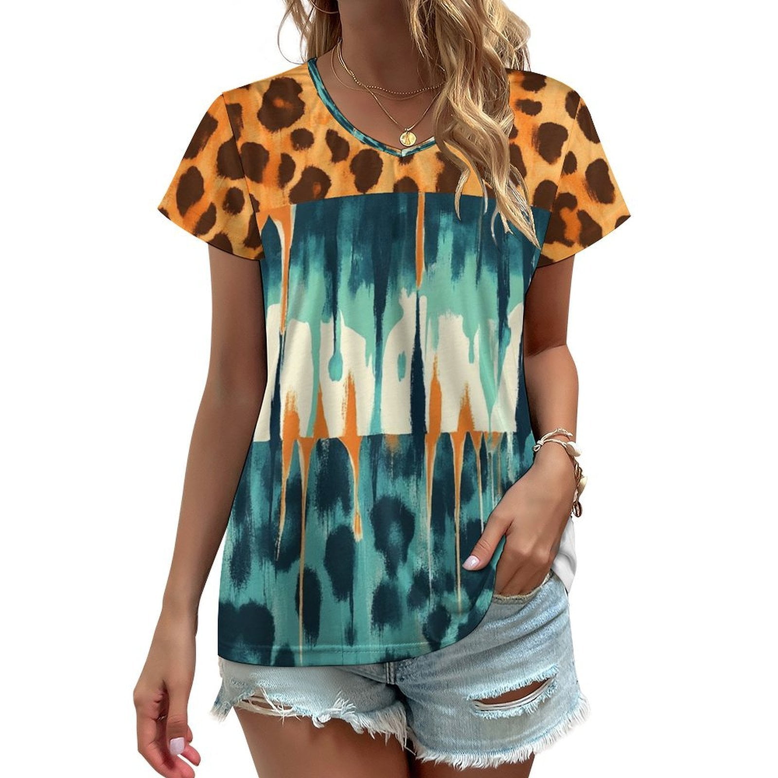 Abstract Leopard Print Drip Women's Blouse Short Sleeve Women's Top T ...