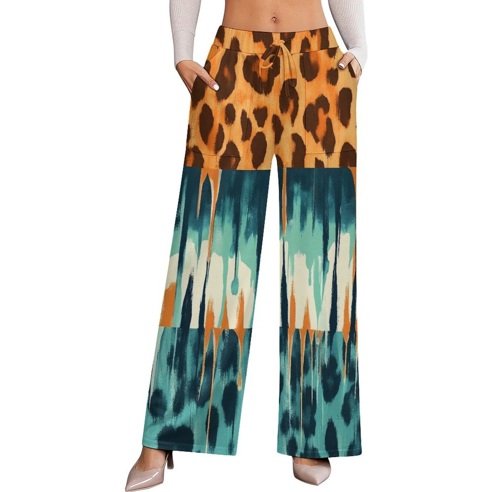 Abstract Leopard Print Drip Women's Casual Wide Leg Pants Comfort ...