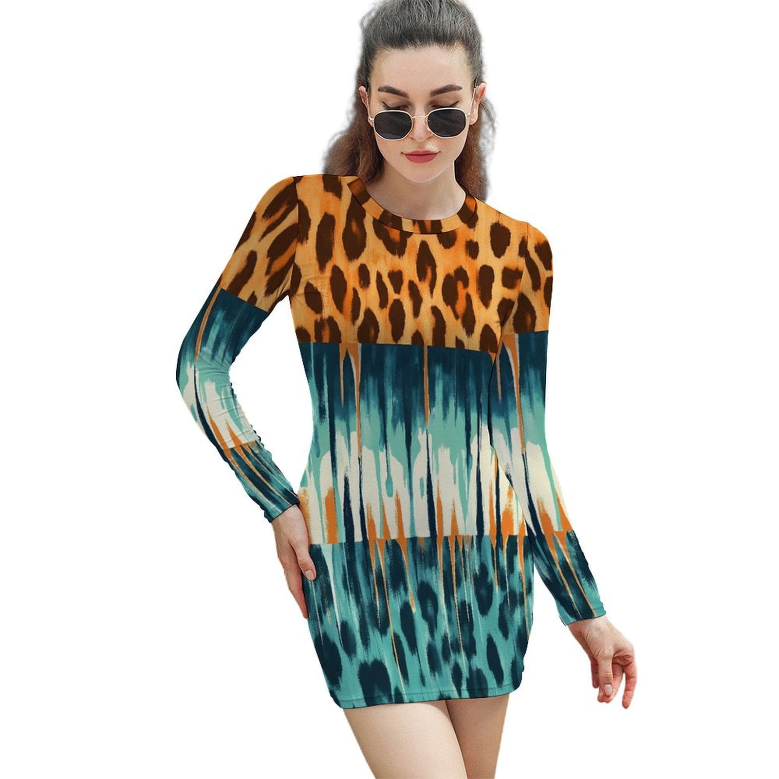 Abstract Leopard Print Drip Women's Long Sleeve Bodycon Dress Soft ...