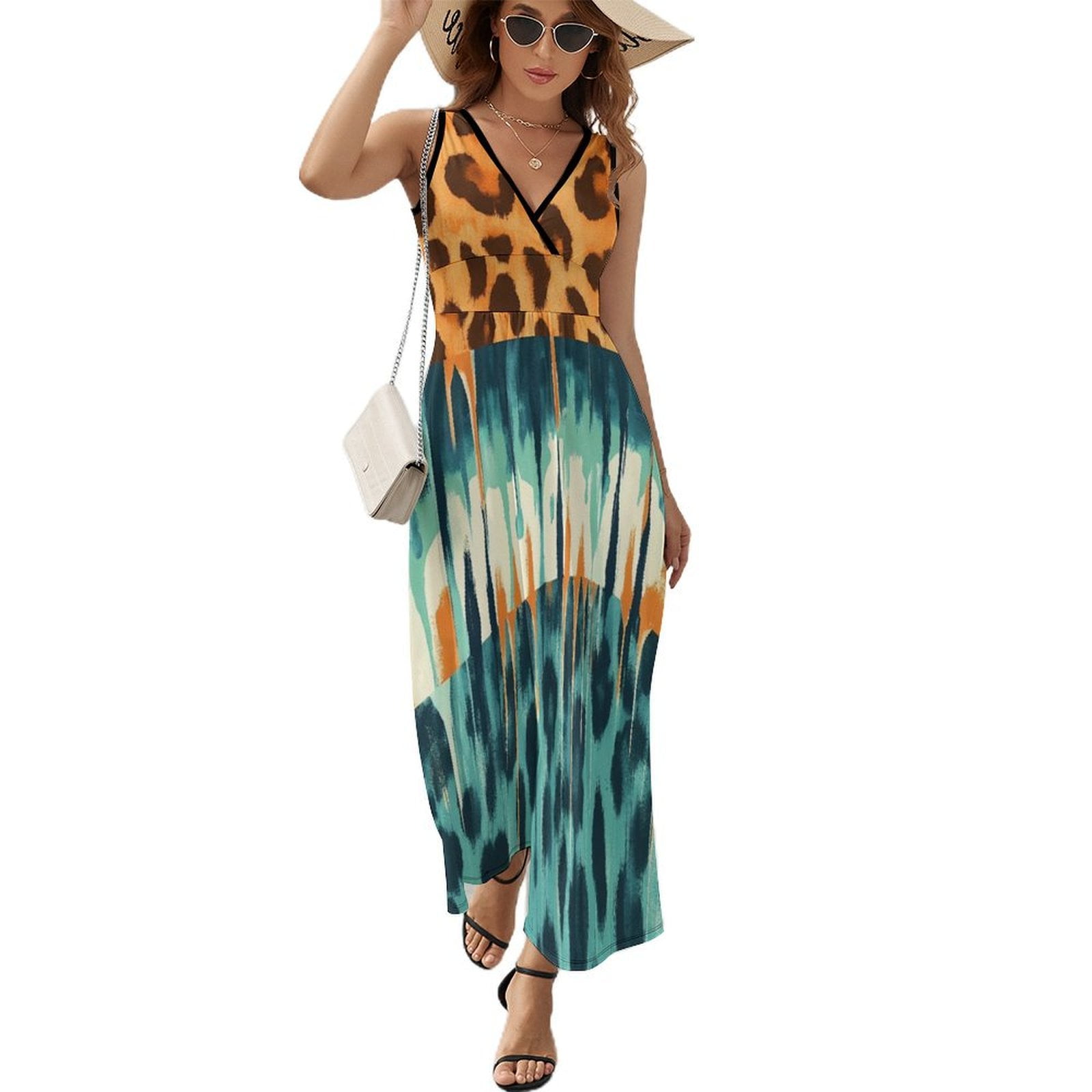 Abstract Leopard Print Drip Womens Night Club Maxi Dress V Neck ...