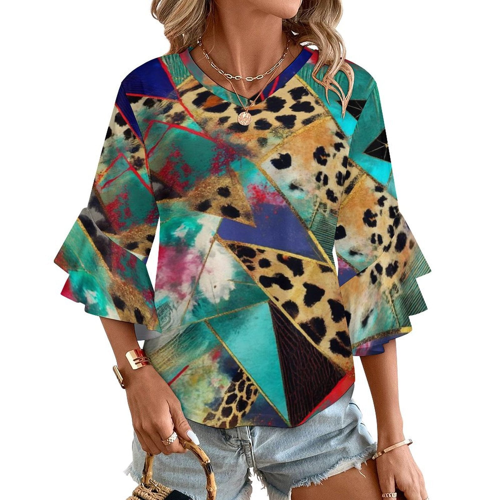 Abstract Leopard Print Geometric Art Women's V-Neck Blouse With 3/4 ...