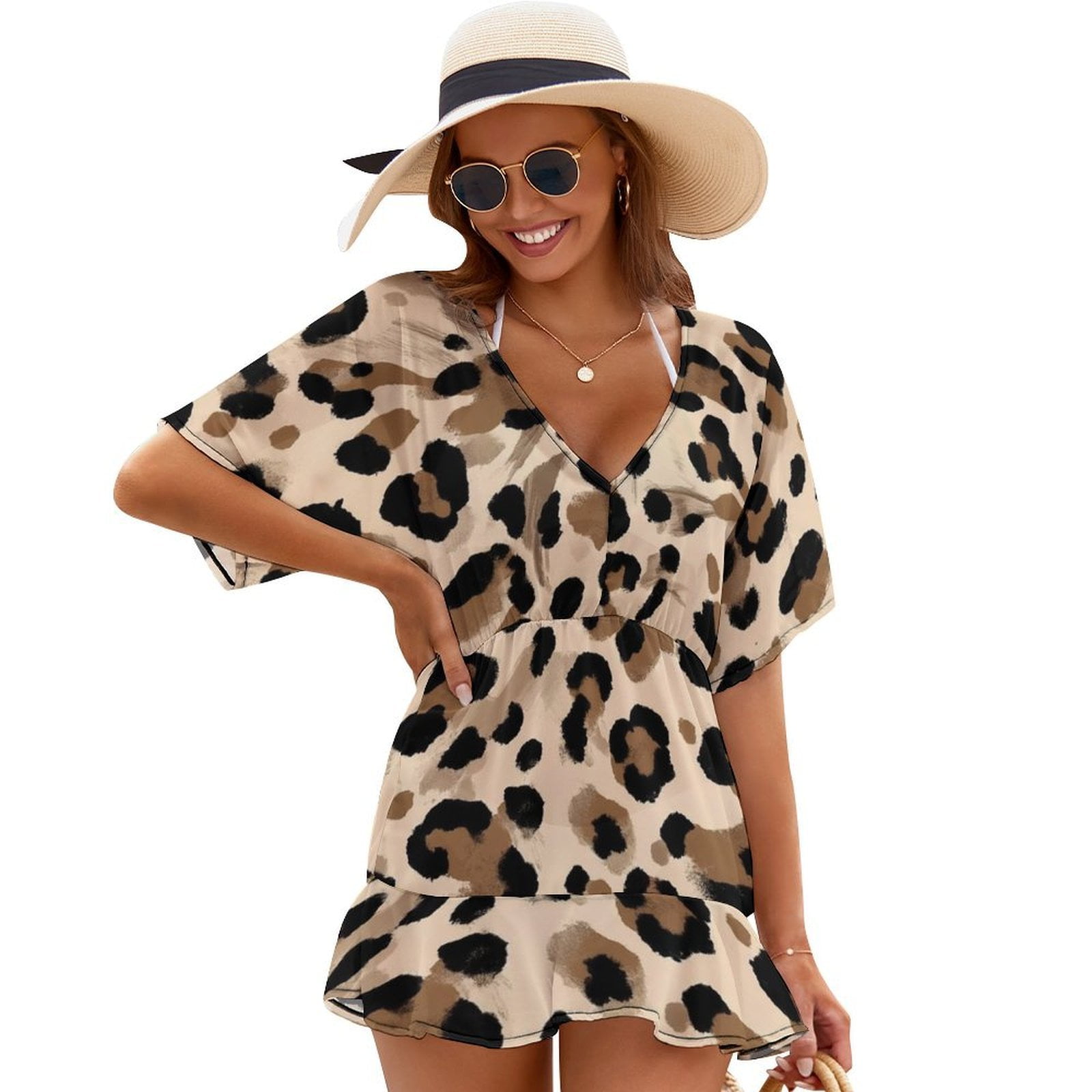 Abstract Leopard Print Pattern Beach Cover Ups Women V Neck Short ...