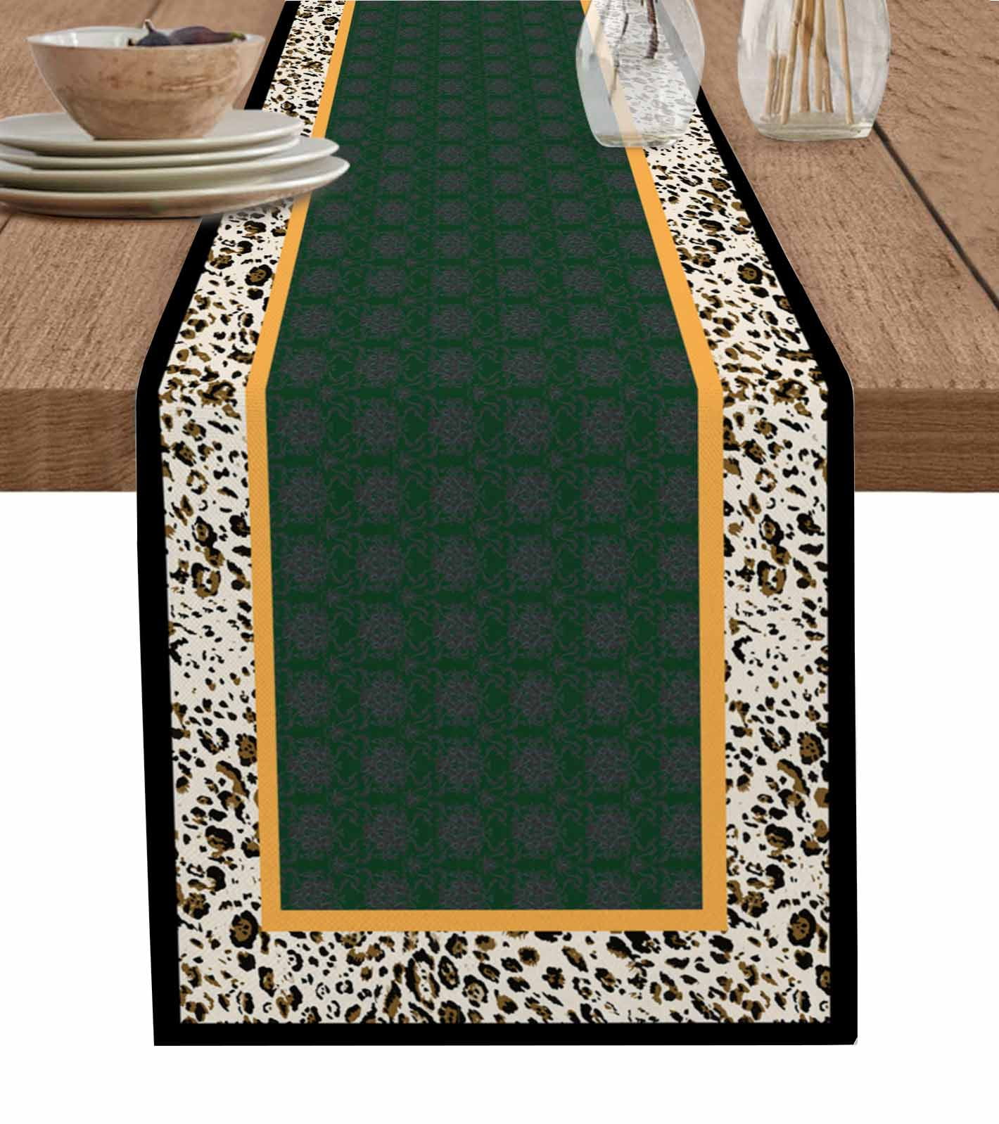 Abstract Leopard Print Retro Pattern Green Table Runners for Dining ...