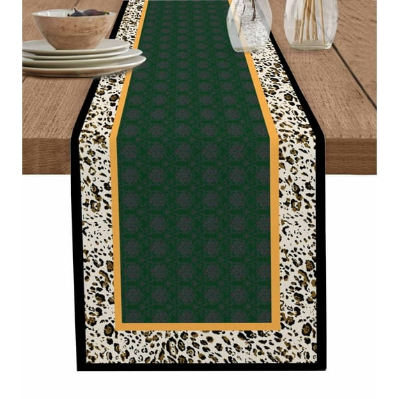 Abstract Leopard Print Retro Pattern Green Table Runners for Wedding ...