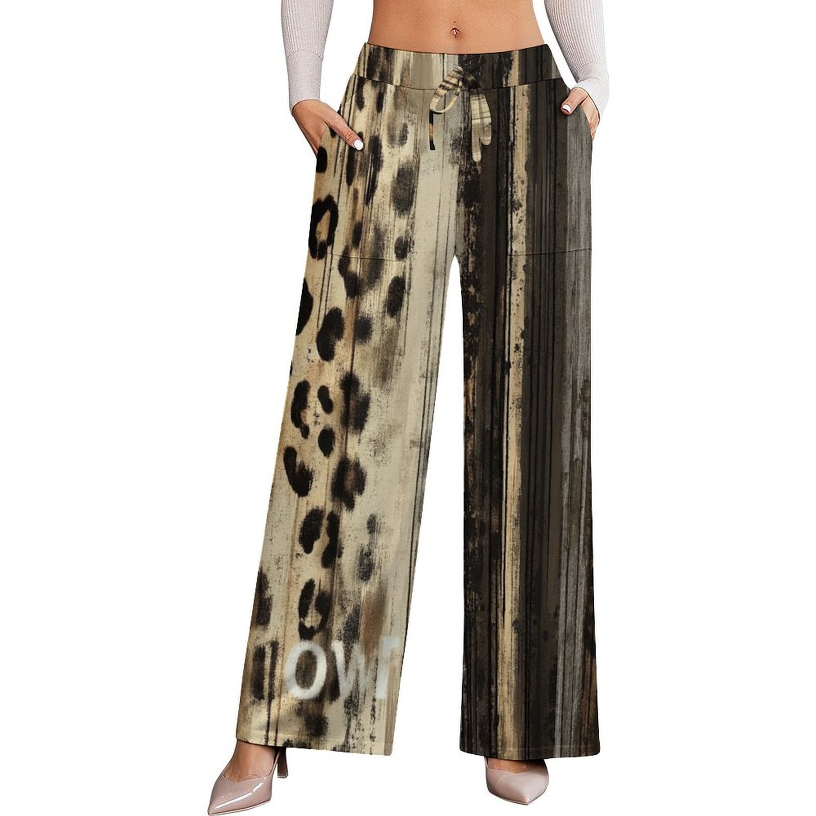 Abstract Leopard Print Stripes Art Women's Casual Wide Leg Pants ...