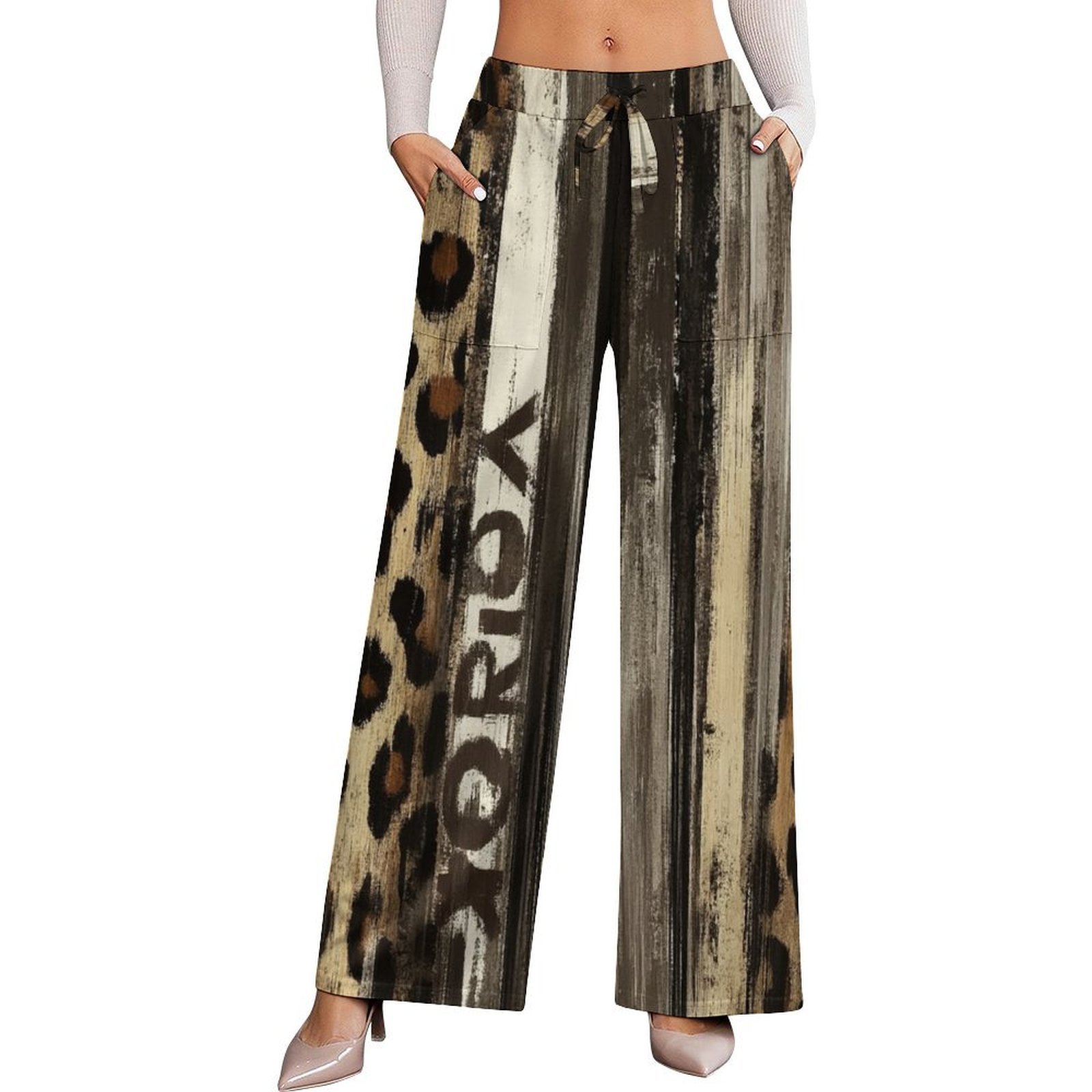 Abstract Leopard Print Stripes Artwork Women's Casual Wide Leg Pants ...