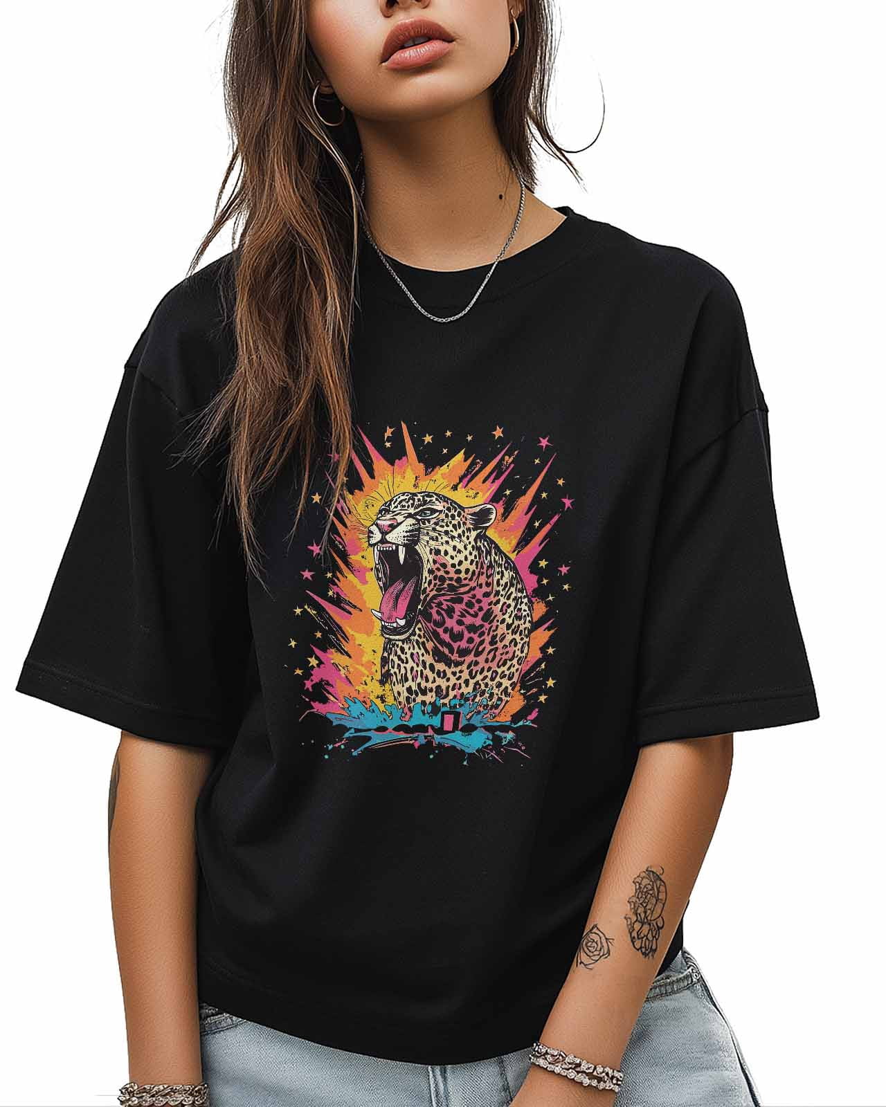 Abstract Leopard T Shirts for Women Short Sleeve Cotton Crewneck T ...