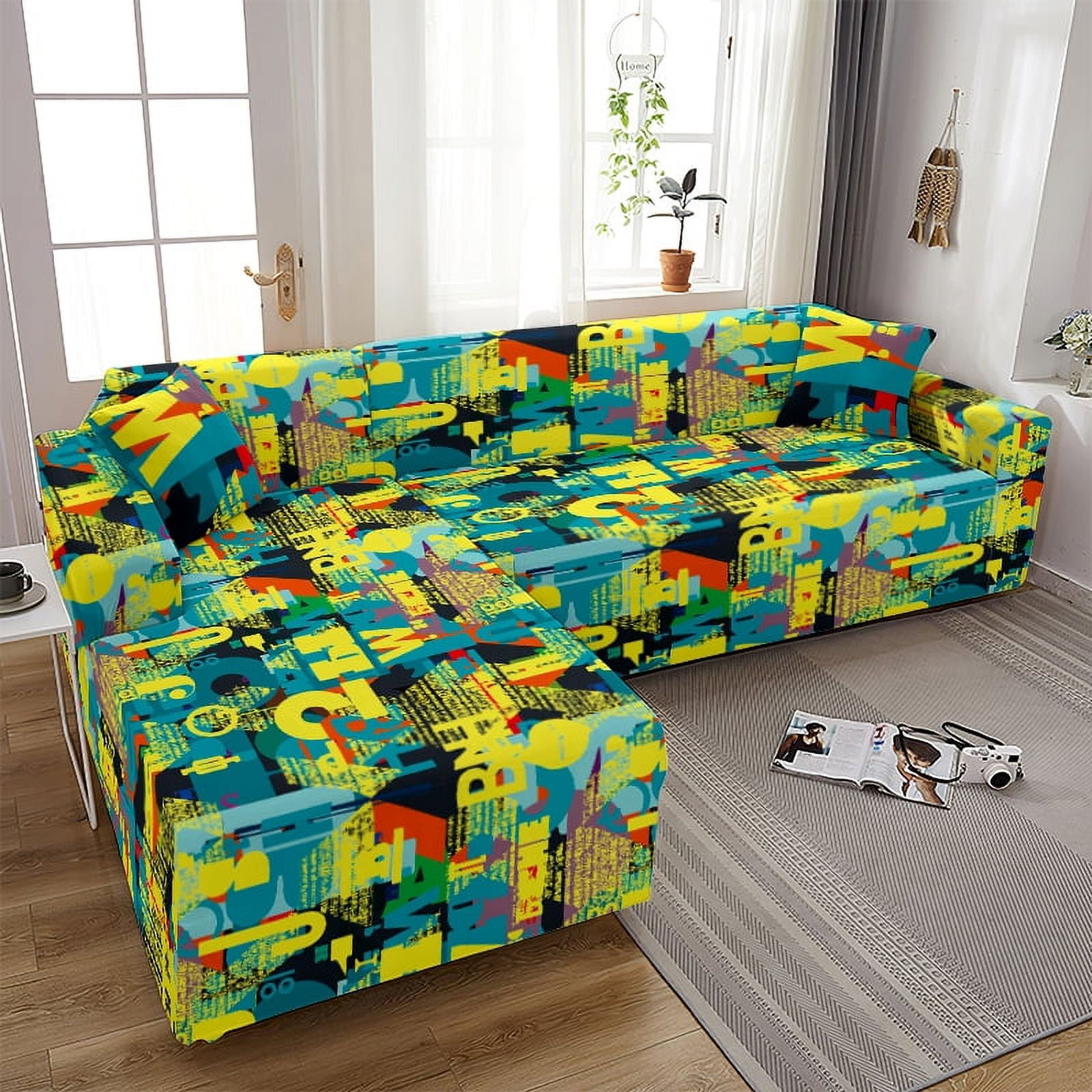 Abstract Letter Elastic Sofa Covers for Living Room Fully-wrapped L ...