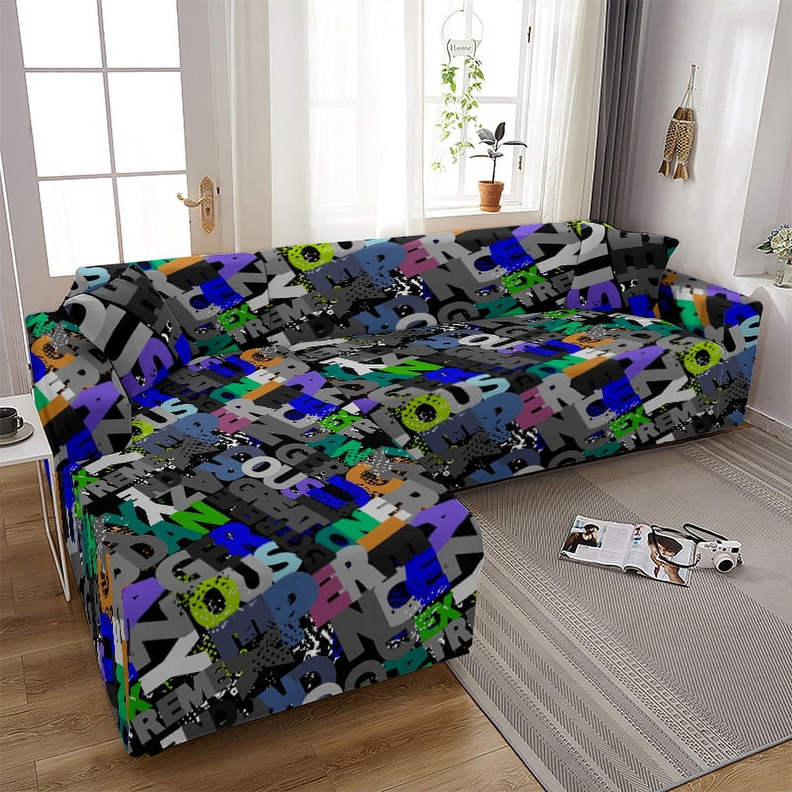 Abstract Letter Elastic Sofa Covers for Living Room Fully-wrapped L ...