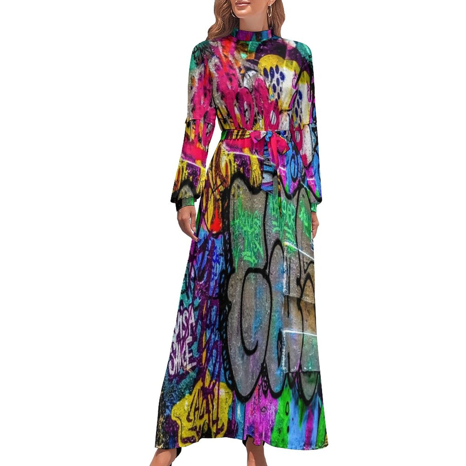 Abstract Letters Dress Long Sleeve Street Art Print Sexy Maxi Dress ...