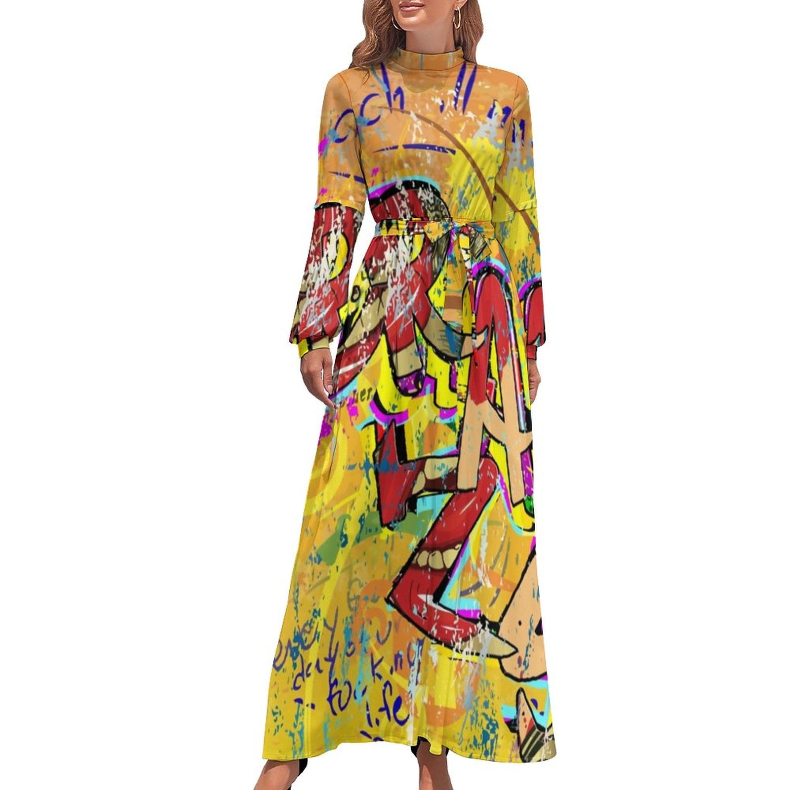 Abstract Letters Dress Long Sleeve Street Art Print Sexy Maxi Dress ...