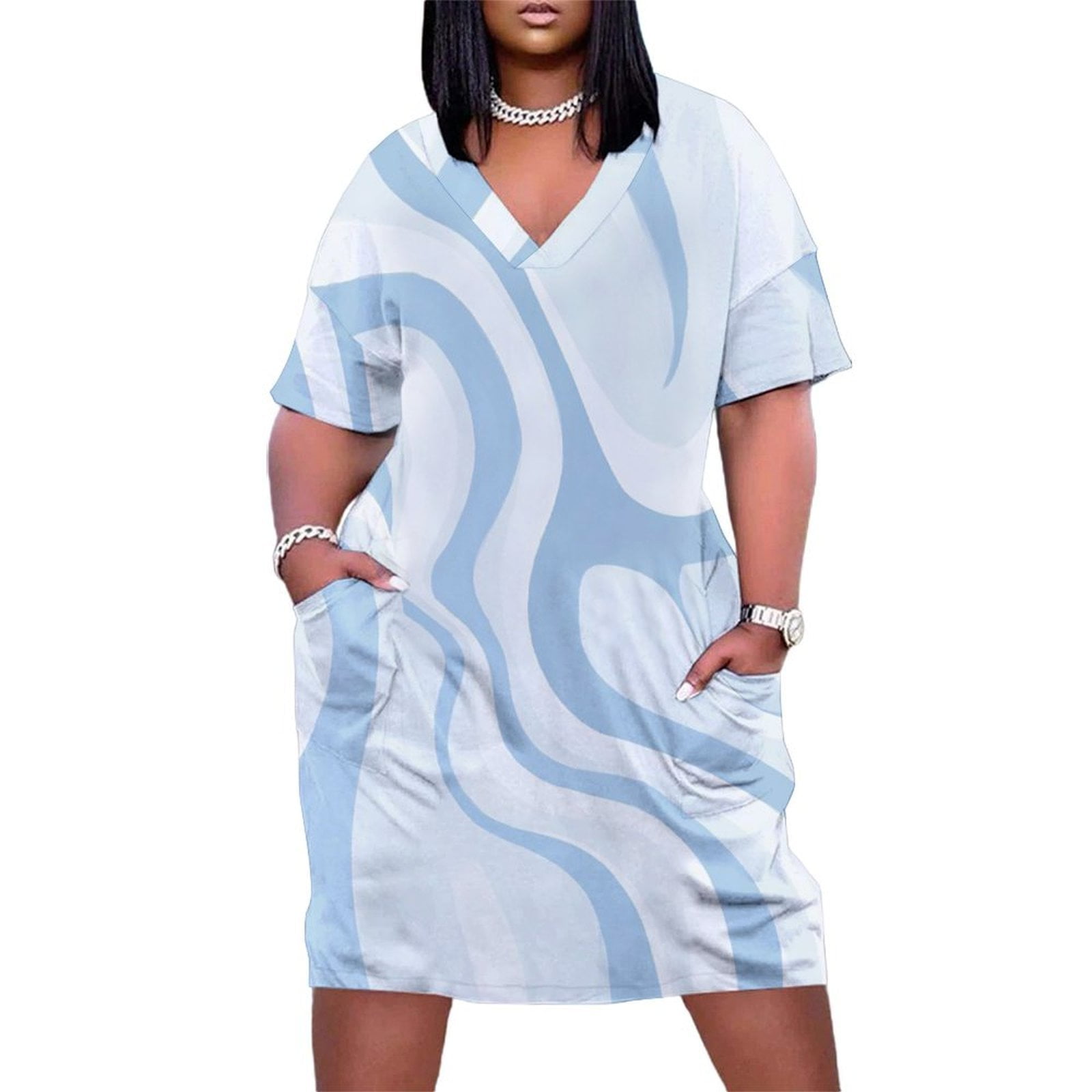 Abstract Light Blue Wavy Pattern Loose Pocket Dress Dresses Summer ...