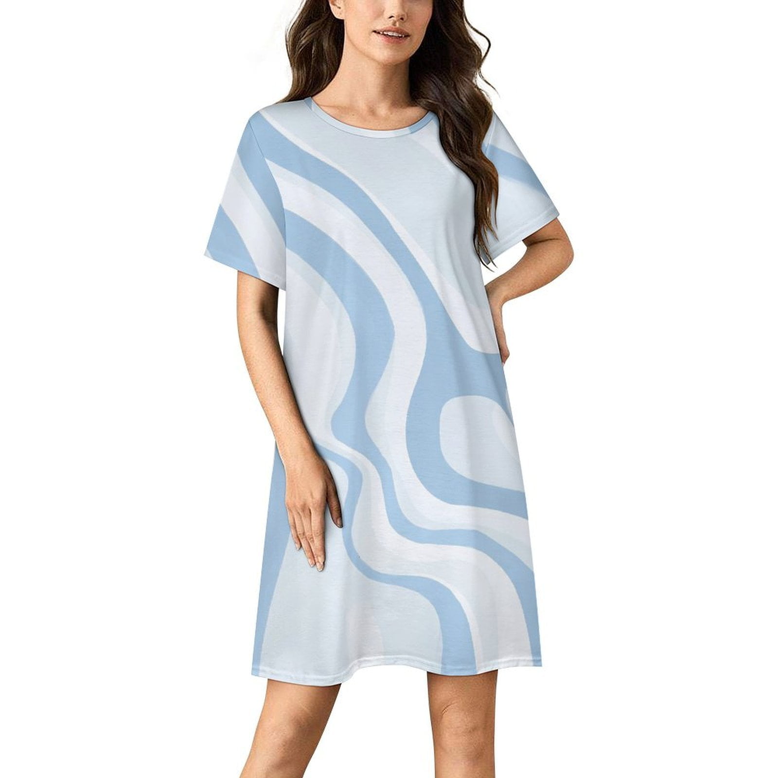 Abstract Light Blue Wavy Pattern Women Nightgown Sleepwear Short ...