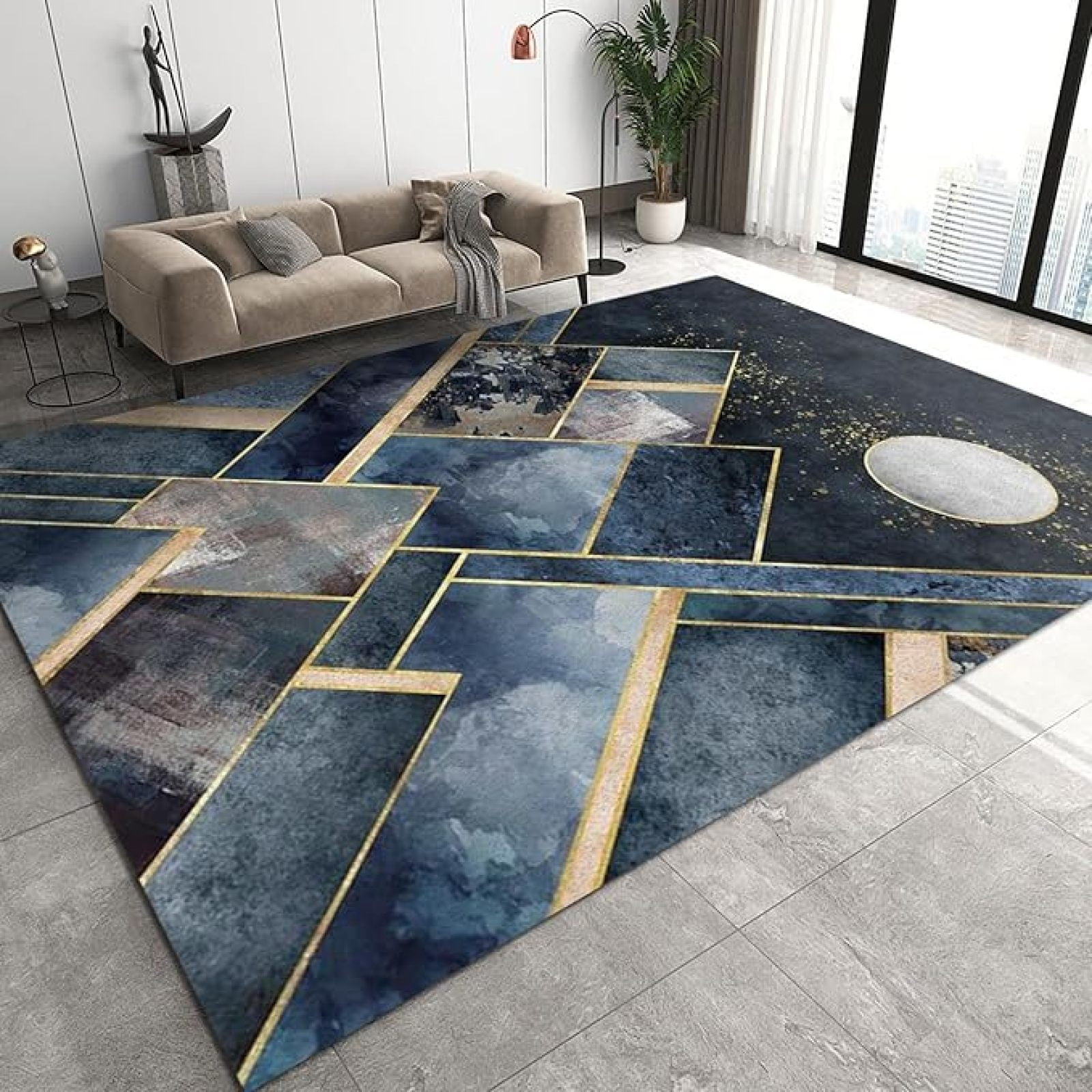 Abstract Light Luxury Geometry Indoor Rugs, Modern Blue Gold Line Moon ...