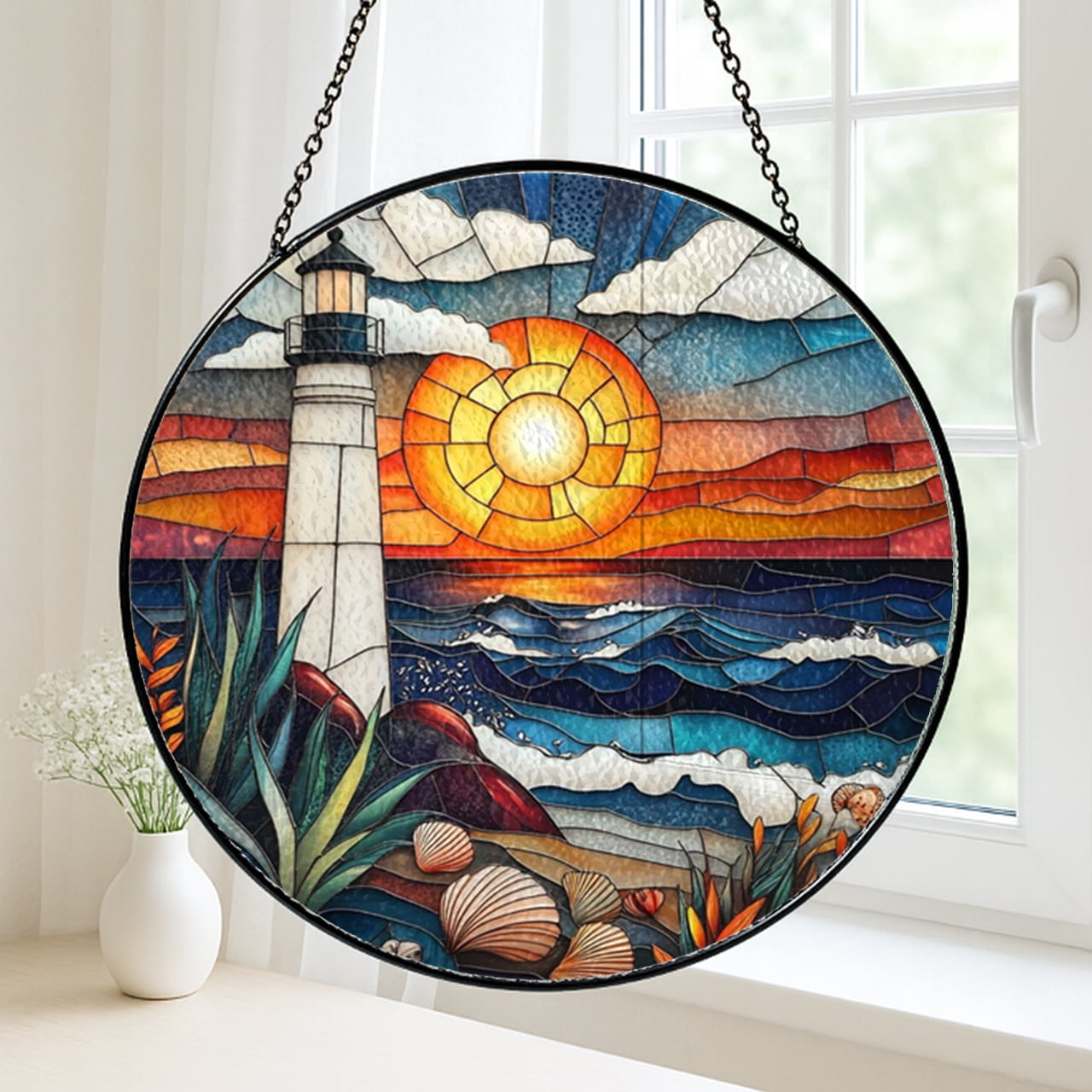 Abstract Lighthouse Sunset Suncatcher – Stained Glass Style Window Art ...