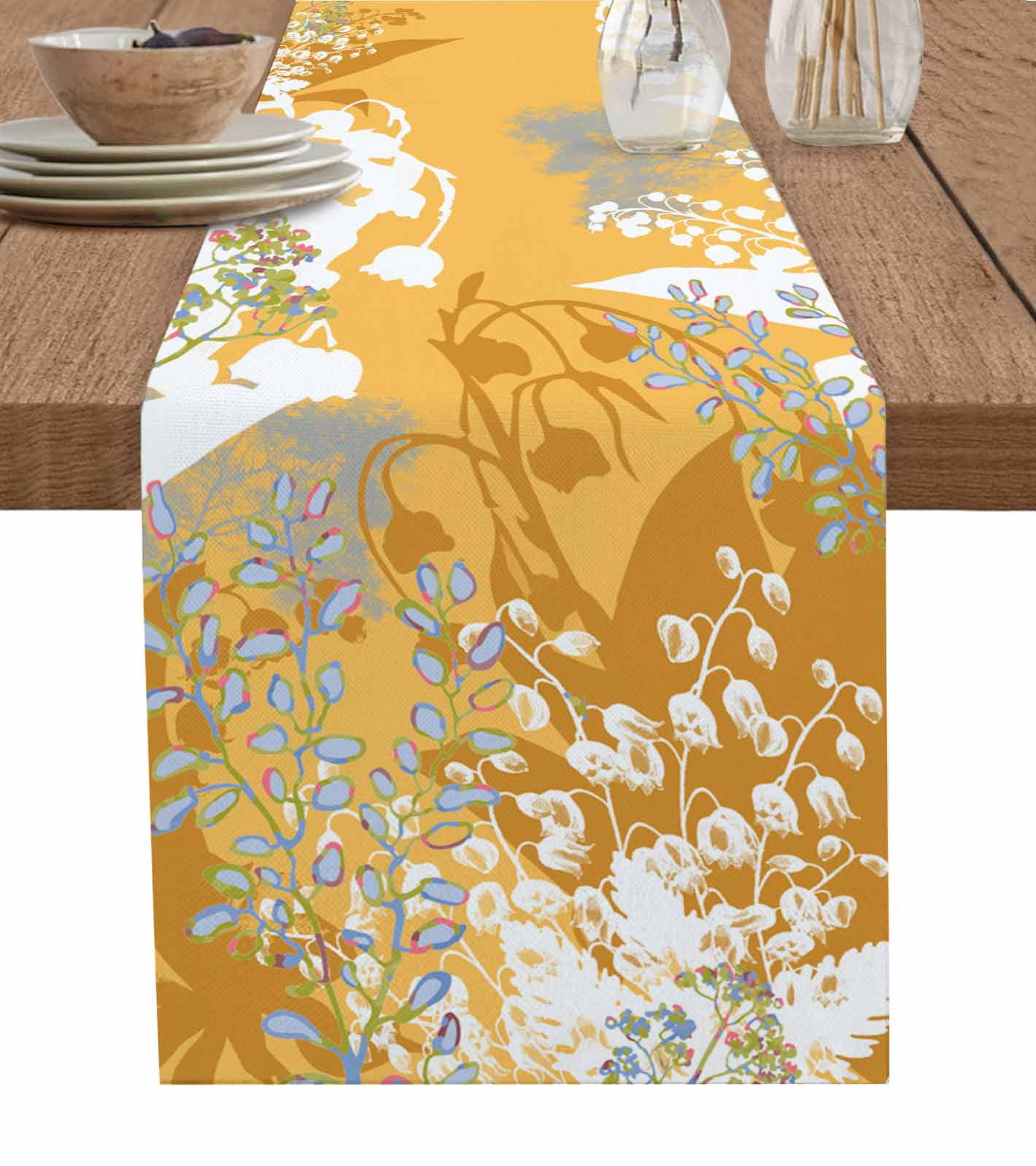 Abstract Lily Of The Valley Flower Table Runner Cotton Linen Wedding ...
