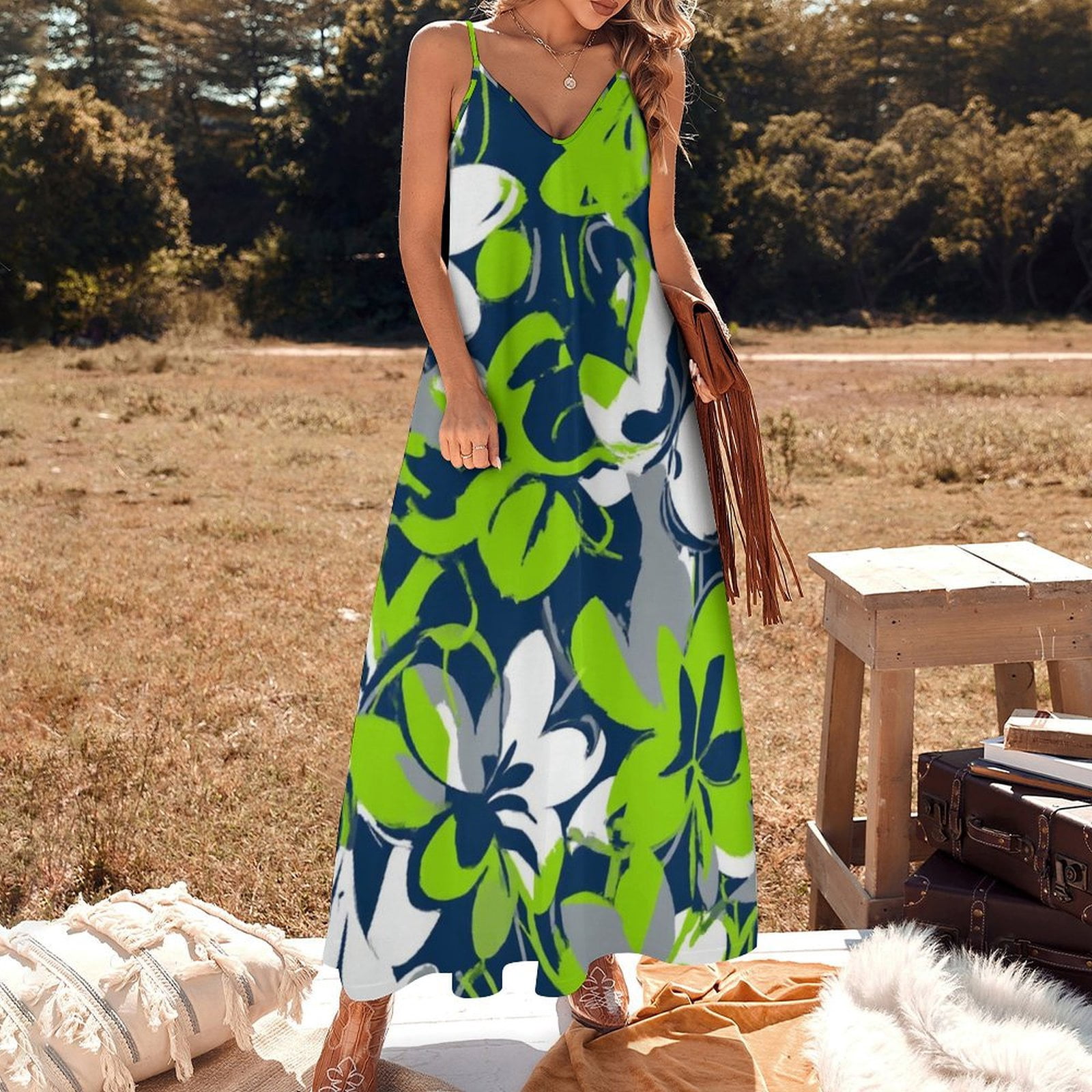 Abstract Lime Green Floral Design Sleeveless Dress dresses summer woman ...