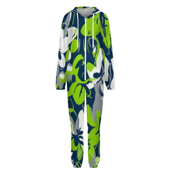 Abstract Lime Green Floral Design Unisex Adult Onesie Pajamas with ...