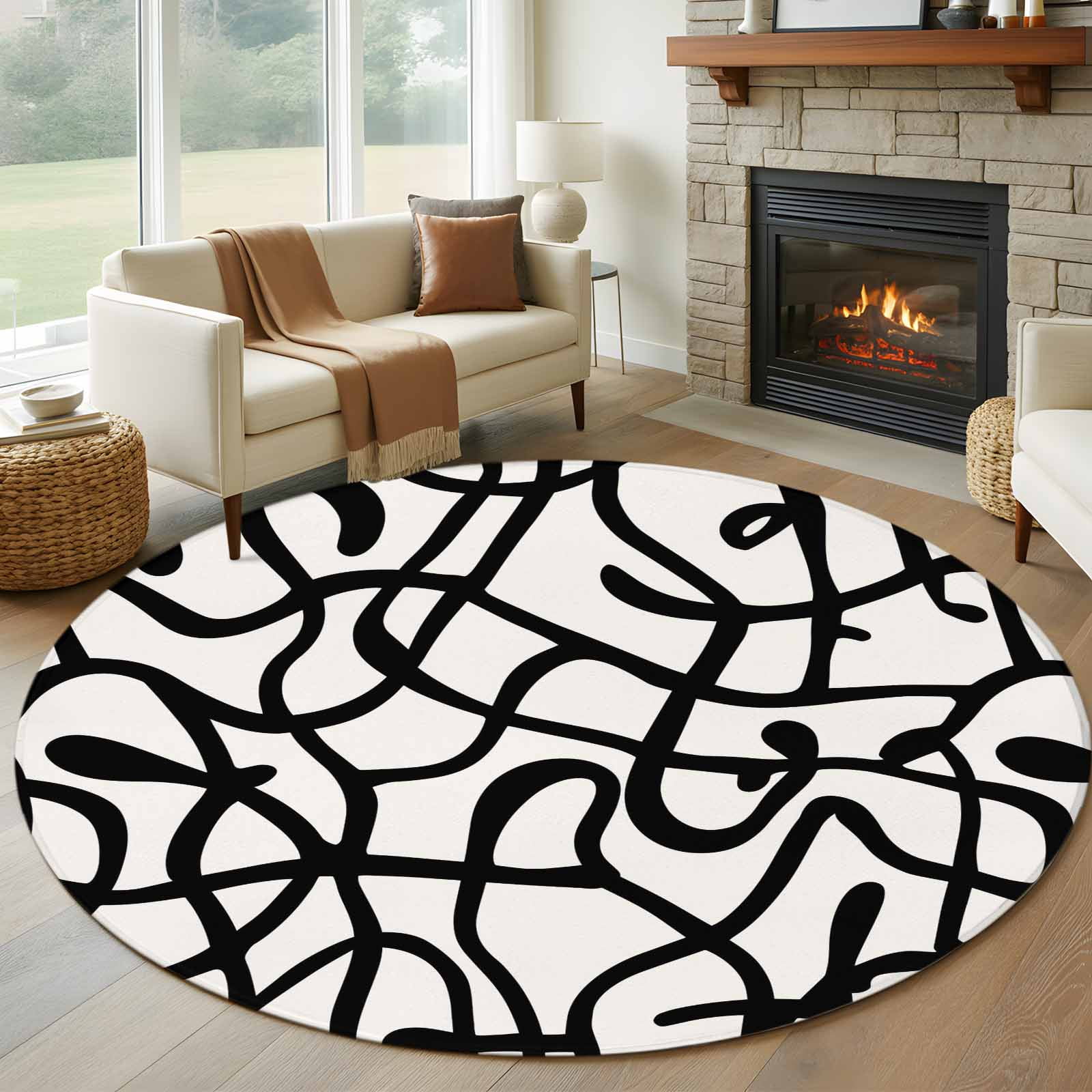 Abstract Line 5FT Round Area Rugs for Living Room Retro Black Wave Line ...