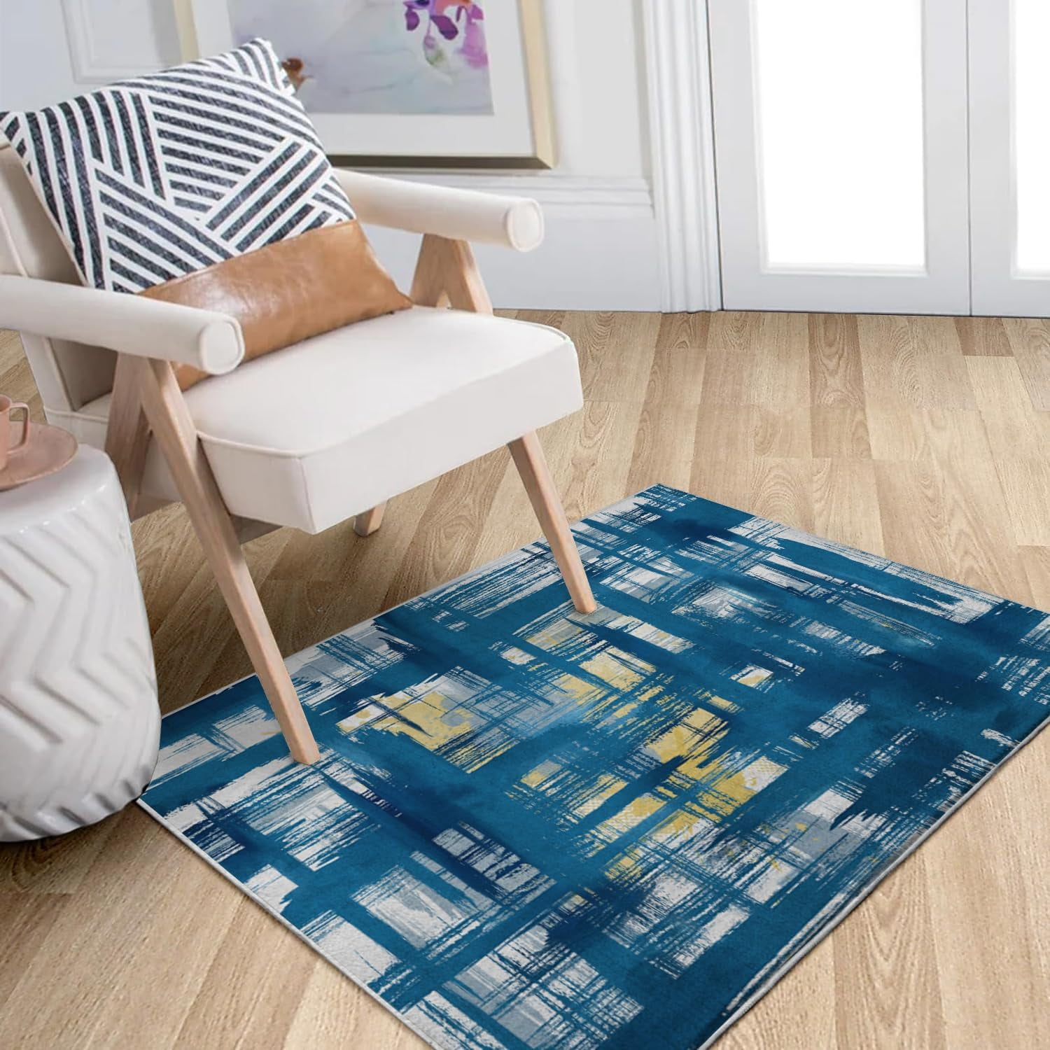 Abstract Line Area Rug 2x3 Modern Blue Small Carpet Machine Washable ...
